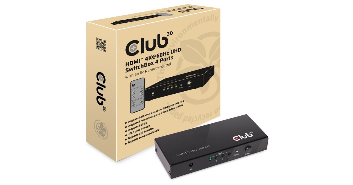 Club 3D Switchbox HDMI 2.0 UHD 4 ports, Adaptateur Noir, CSV-1370