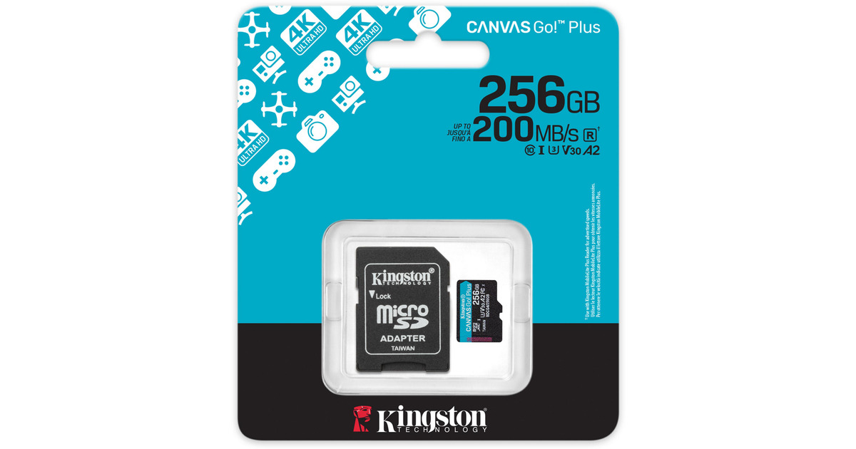 Kingston Canvas Go! Plus microSDXC 256 Go, Carte mémoire Noir, Incl. adapteur, Class 10, UHS-I ...