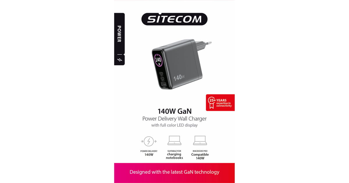 Sitecom SiCo 140W PD Wall Charger LED display, Chargeur Noir