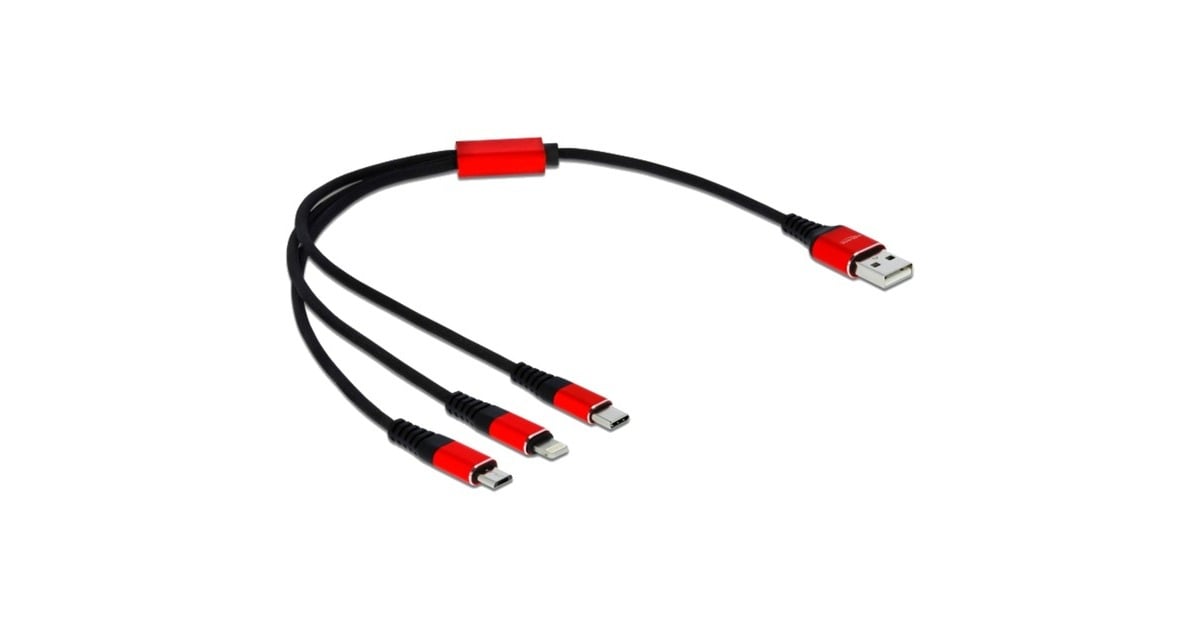 DeLOCK Câble de charge USB 3-en-1 pour Lightning / Micro USB / USB C Noir/Rouge