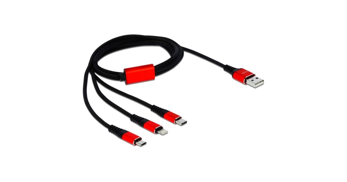 DeLOCK Câble de charge USB 3-en-1 pour Lightning / Micro USB / USB C Noir/Rouge
